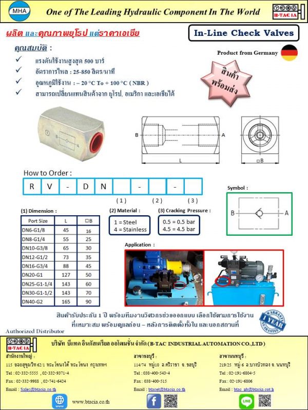 WF001 MHA Check Valve, Thread, Port Size : G1/8" to G2", Series : RV ...